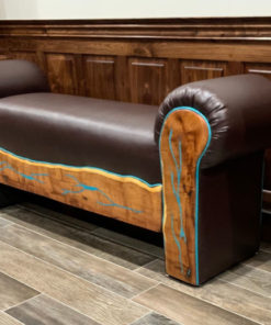 Southwest / Western Style Leather Bench with Turquoise Inlaid Mesquite