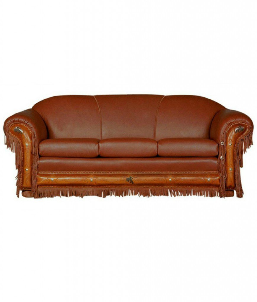 Western Leather Sofa with Fringe and Tooling
