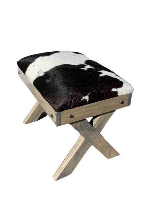 Cowhide Bench Foot Stool with Wood X Style Legs