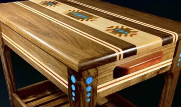 Turquoise Inlay Wood Marquetry End Table with Drawer and Shelf