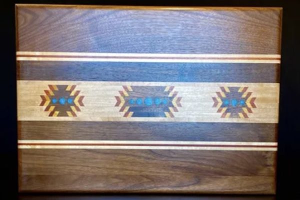 Turquoise Inlay Wood Marquetry End Table with Drawer and Shelf