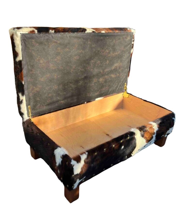Cowhide Bench Foot Stool with Wood X Style Legs